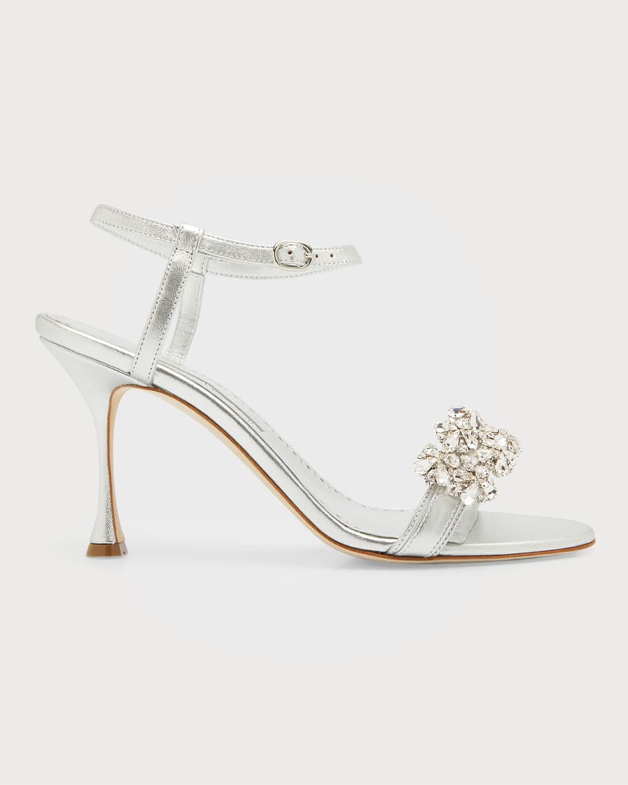 Manolo Blahnik Finah Metallic Crystal Ankle-Strap Sandals | Neiman Marcus