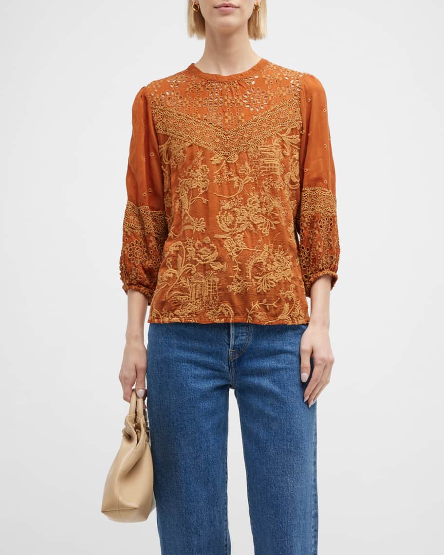 Johnny Was Porcelain Rumi Floral-Embroidered Top | Neiman Marcus
