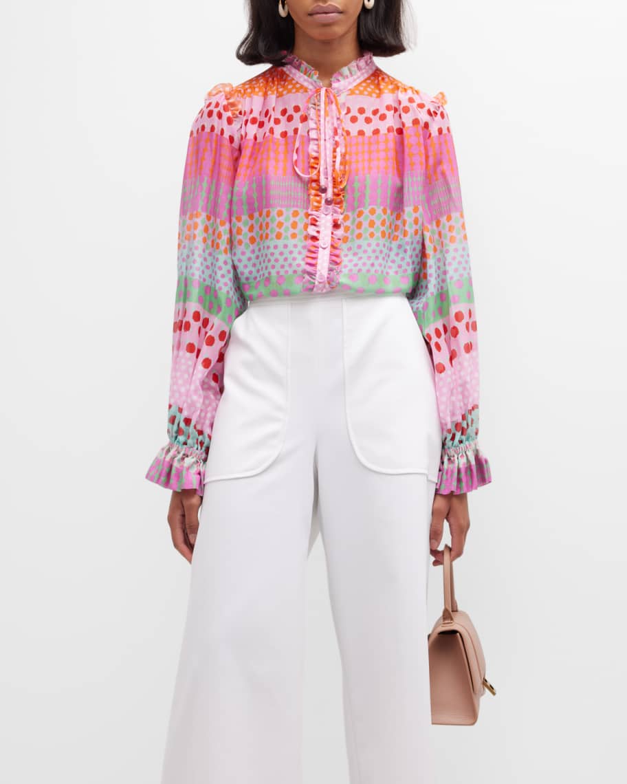 Maison Common Multi Dot-Print Ruffle Neck-Tie Cotton Voile Blouse ...