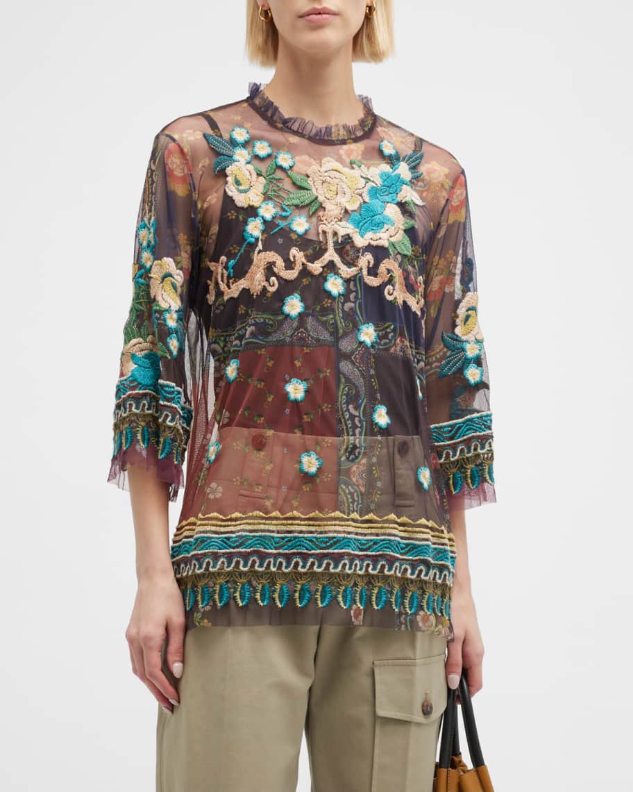 Johnny Was Renley Floral-Embroidered Mesh Blouse | Neiman Marcus