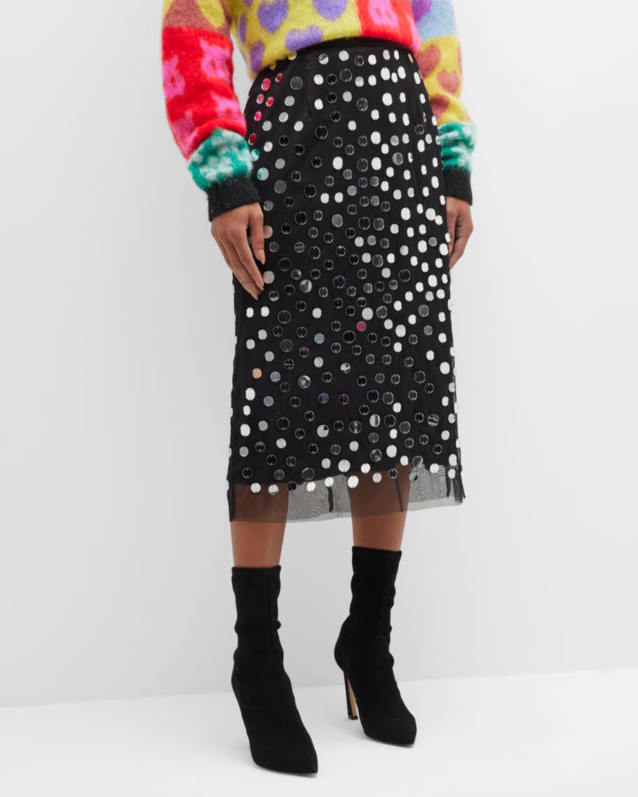 Essentiel Antwerp Crescent Mirror Mesh Midi Skirt | Neiman Marcus