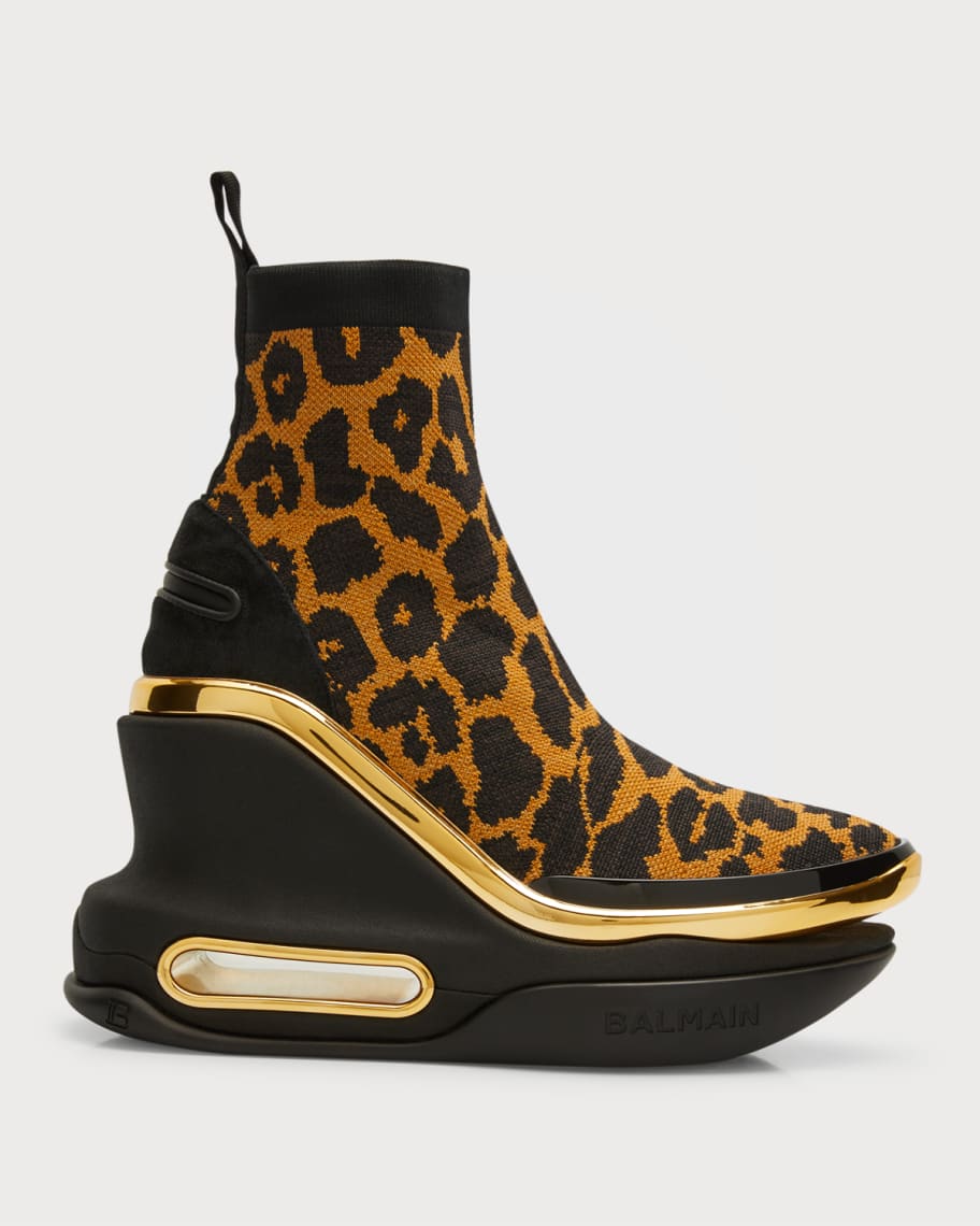 Balmain BBold Knit Leopard Wedge Sneakers | Neiman Marcus