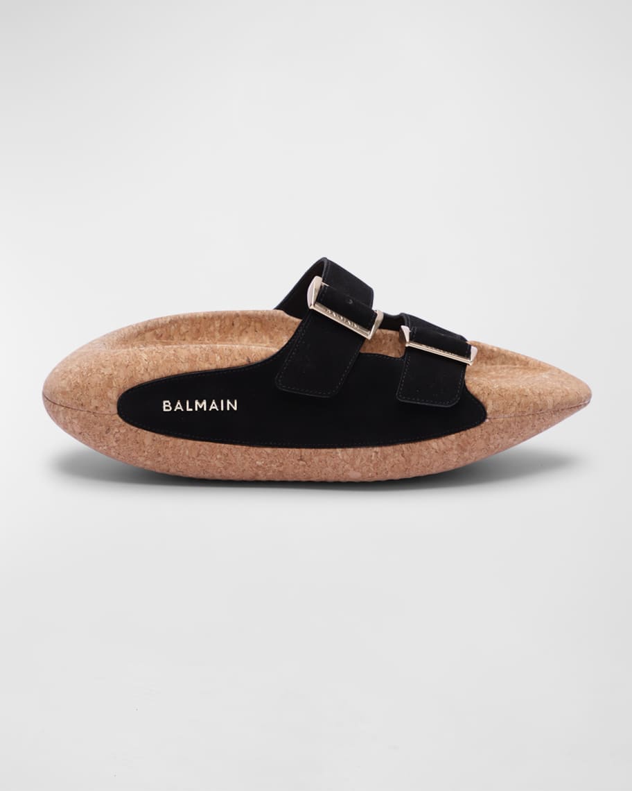 Balmain B It Suede Dual-Buckle Slide Sandals | Neiman Marcus