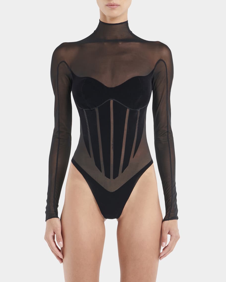 Wolford x Mugler Flock Shaping Turtleneck Bodysuit | Neiman Marcus