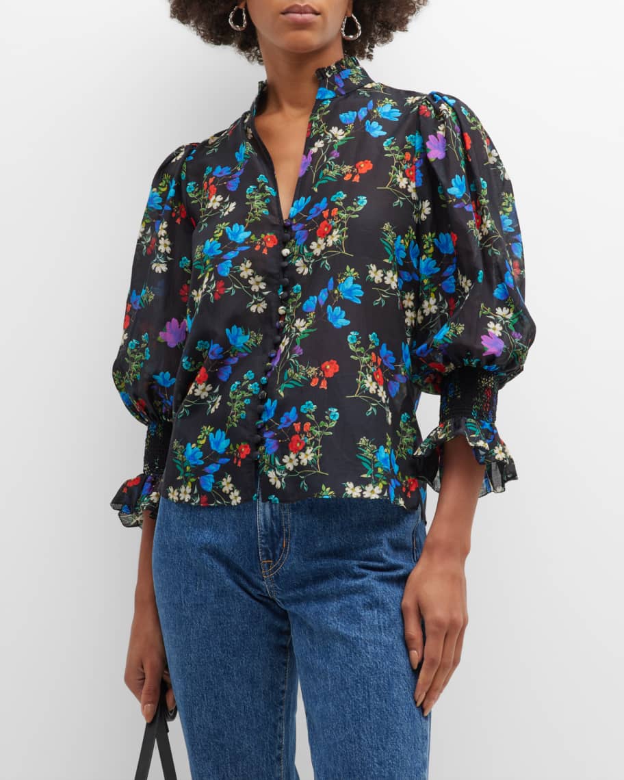 Alice + Olivia Ilan Smocked-Sleeve Button-Front Blouse | Neiman Marcus