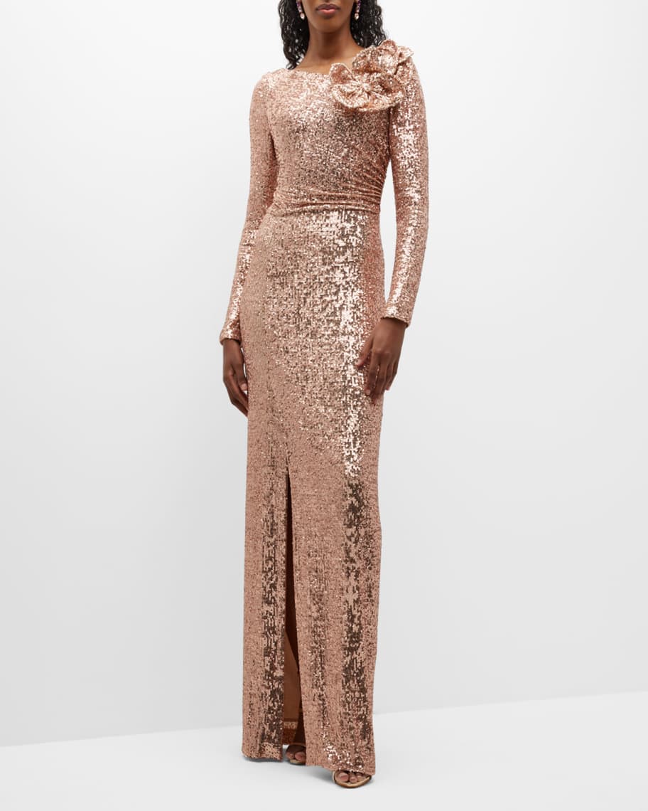 Rickie Freeman for Teri Jon Stretch Sequin Column Gown w/ 3D Flower ...