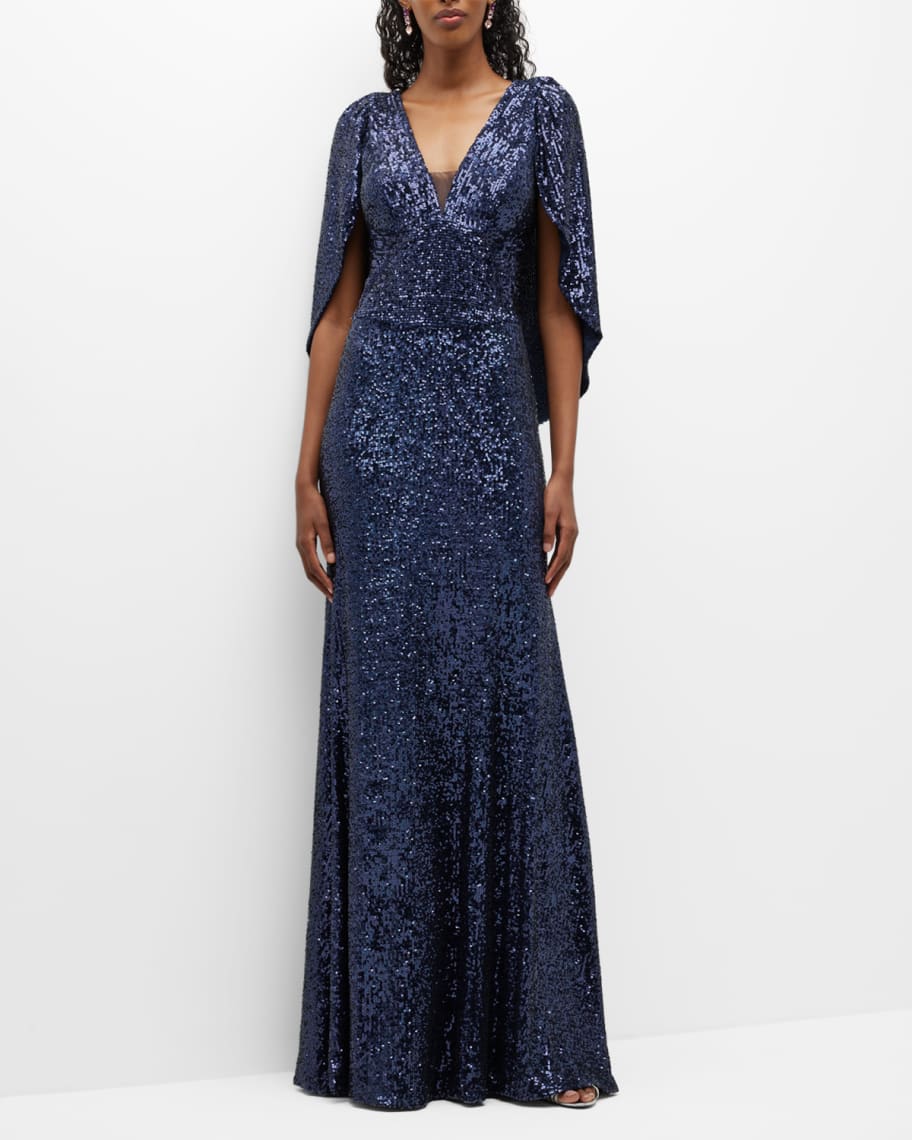 Rickie Freeman for Teri Jon Stretch Sequin Capelet Gown | Neiman Marcus