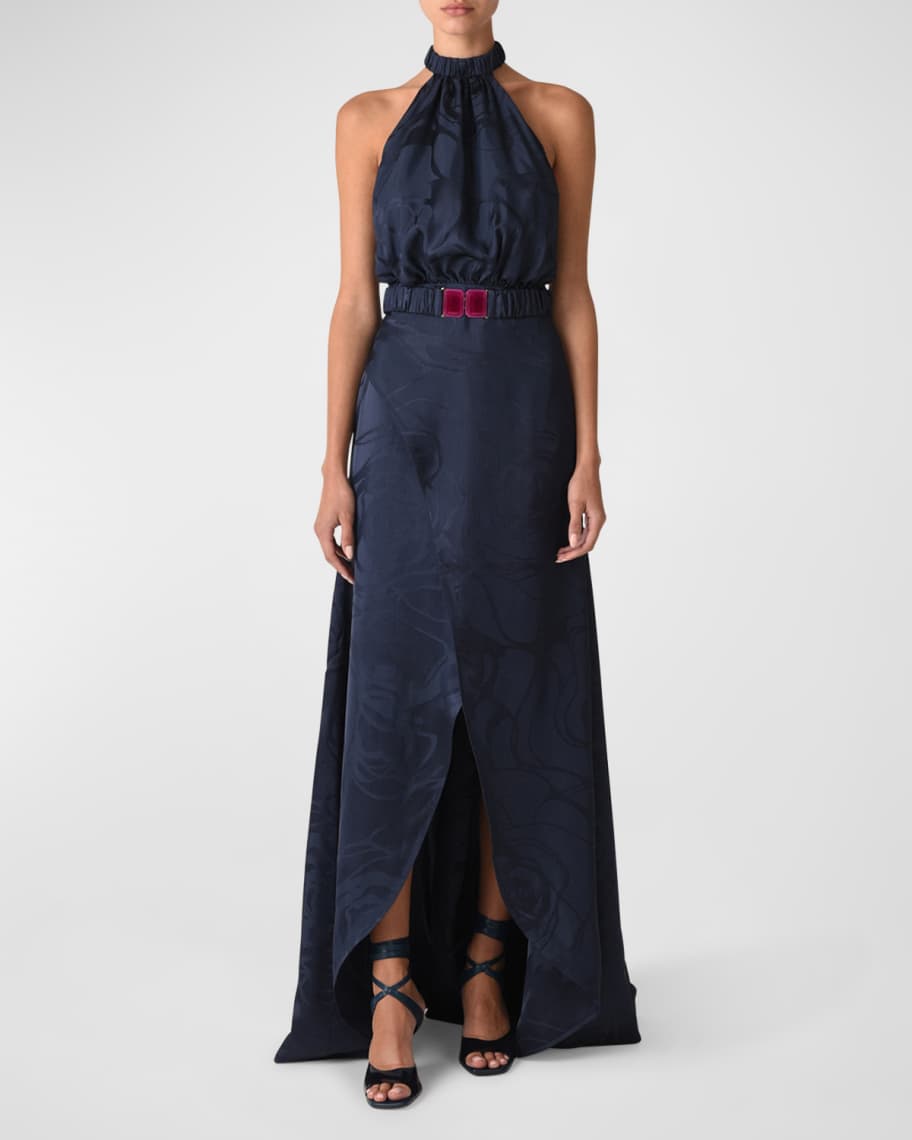 Silvia Tcherassi Kerry Rose-Jacquard Halter Gown w/ Belt | Neiman Marcus
