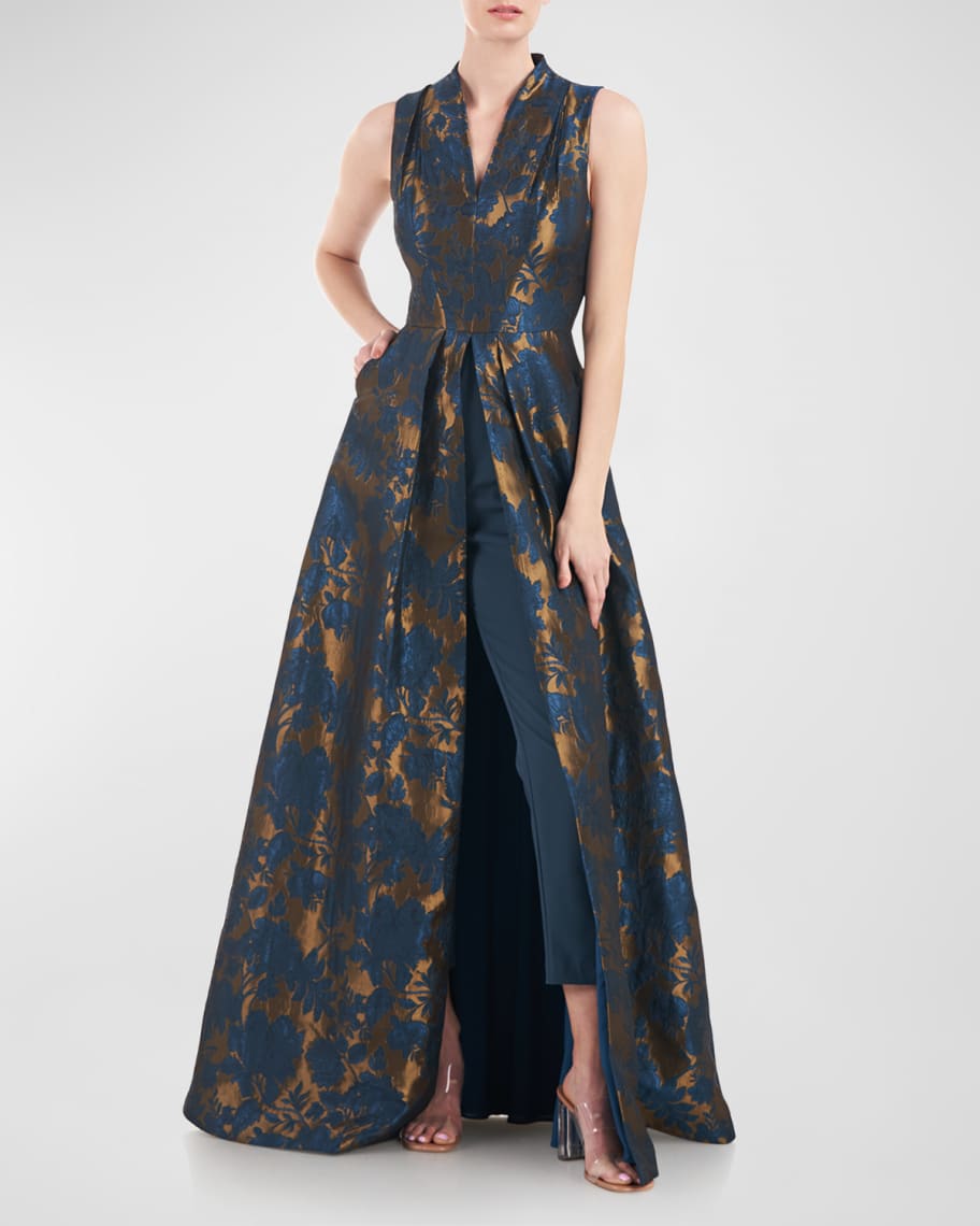 Kay Unger New York Floral Jacquard Walk-Thru Jumpsuit | Neiman Marcus