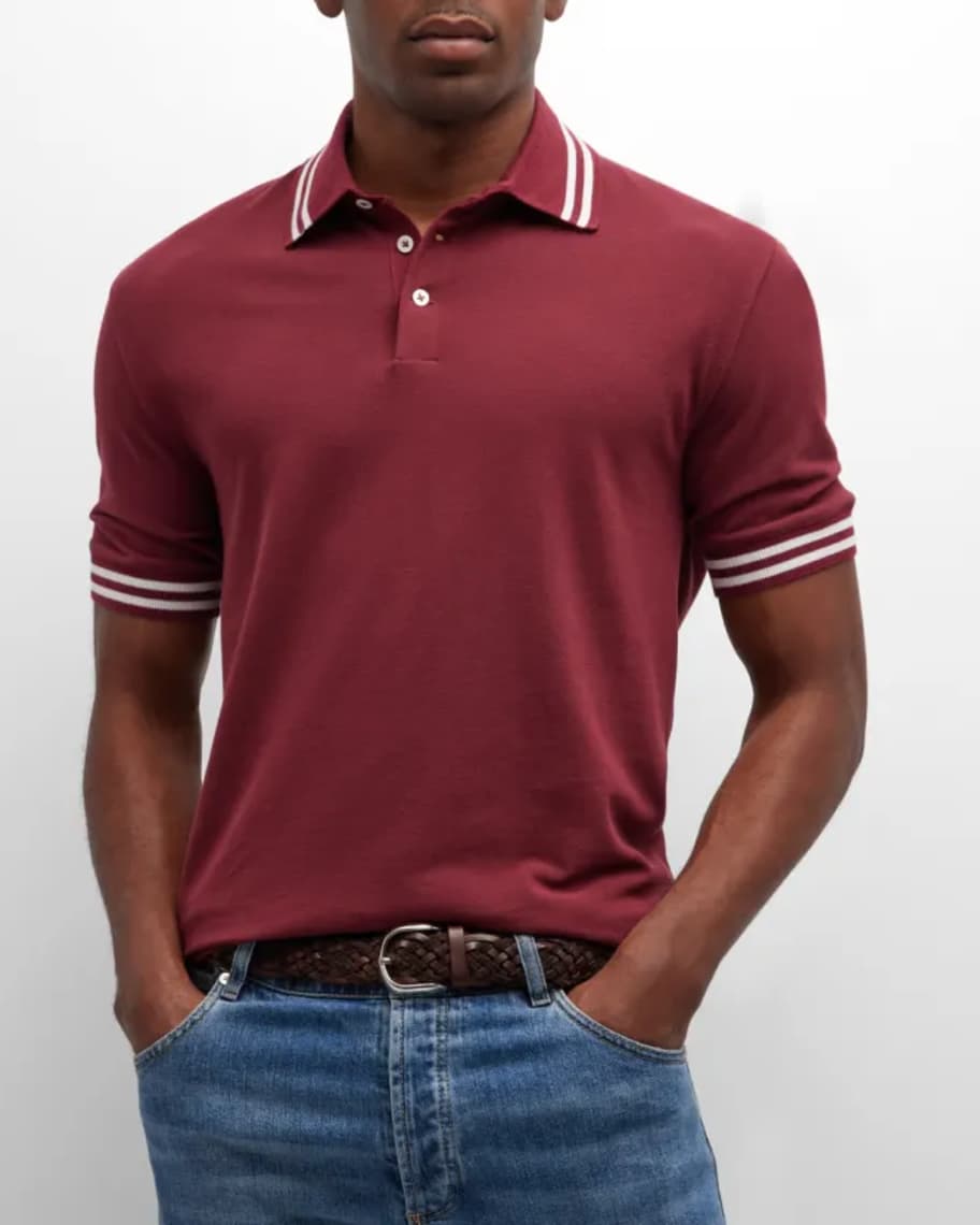 Brunello Cucinelli Men's Stripe Trim Polo Shirt | Neiman Marcus