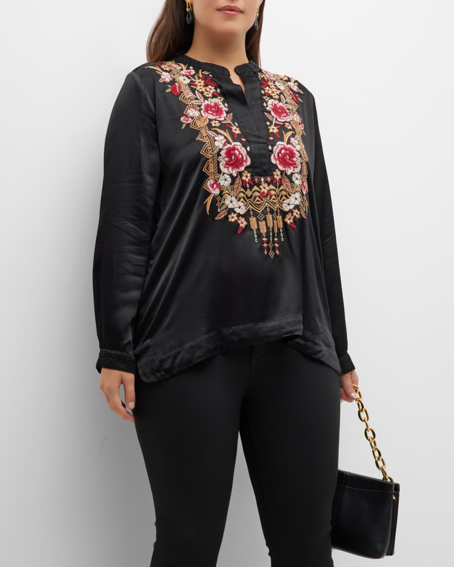 Johnny Was Plus Size Anacapri Floral-Embroidered Satin Trapunto Blouse ...