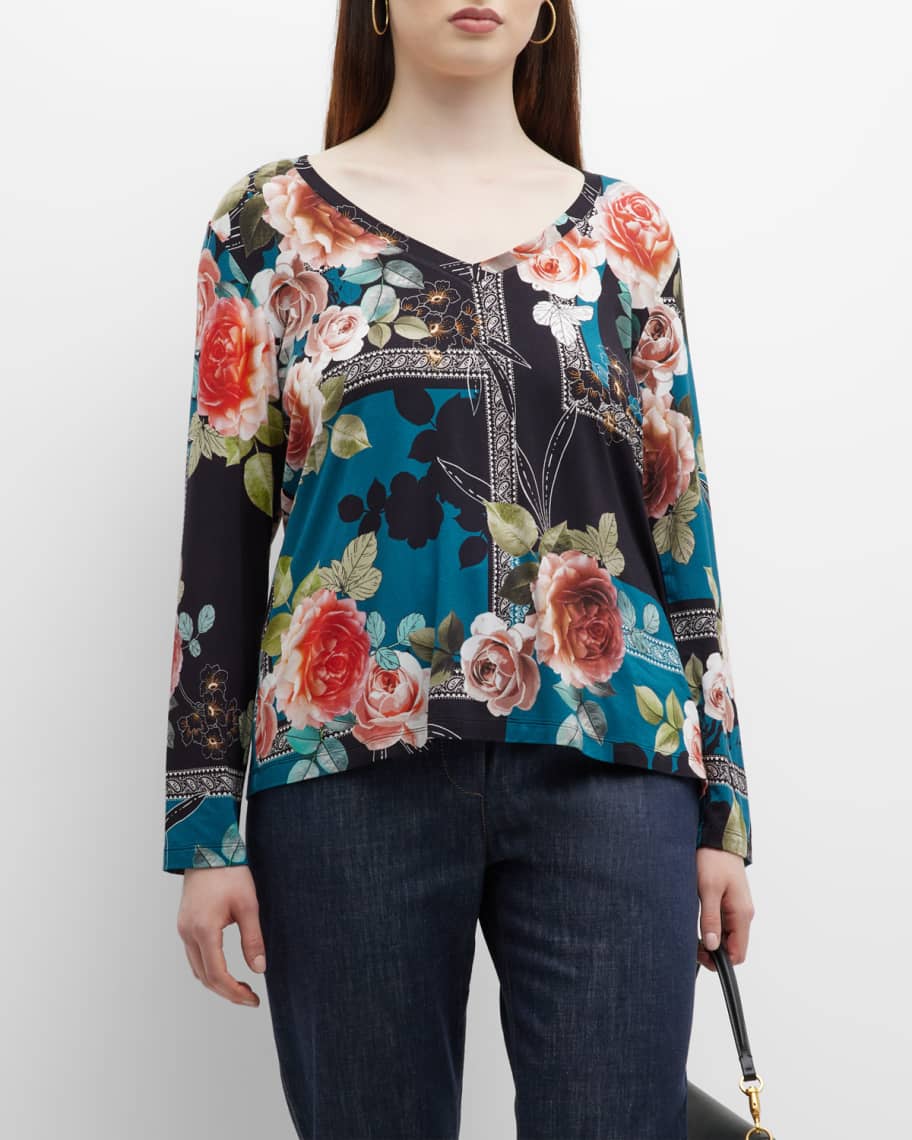 Johnny Was Plus Size Rosabel Rose Foulard-Print V-Neck Tee | Neiman Marcus