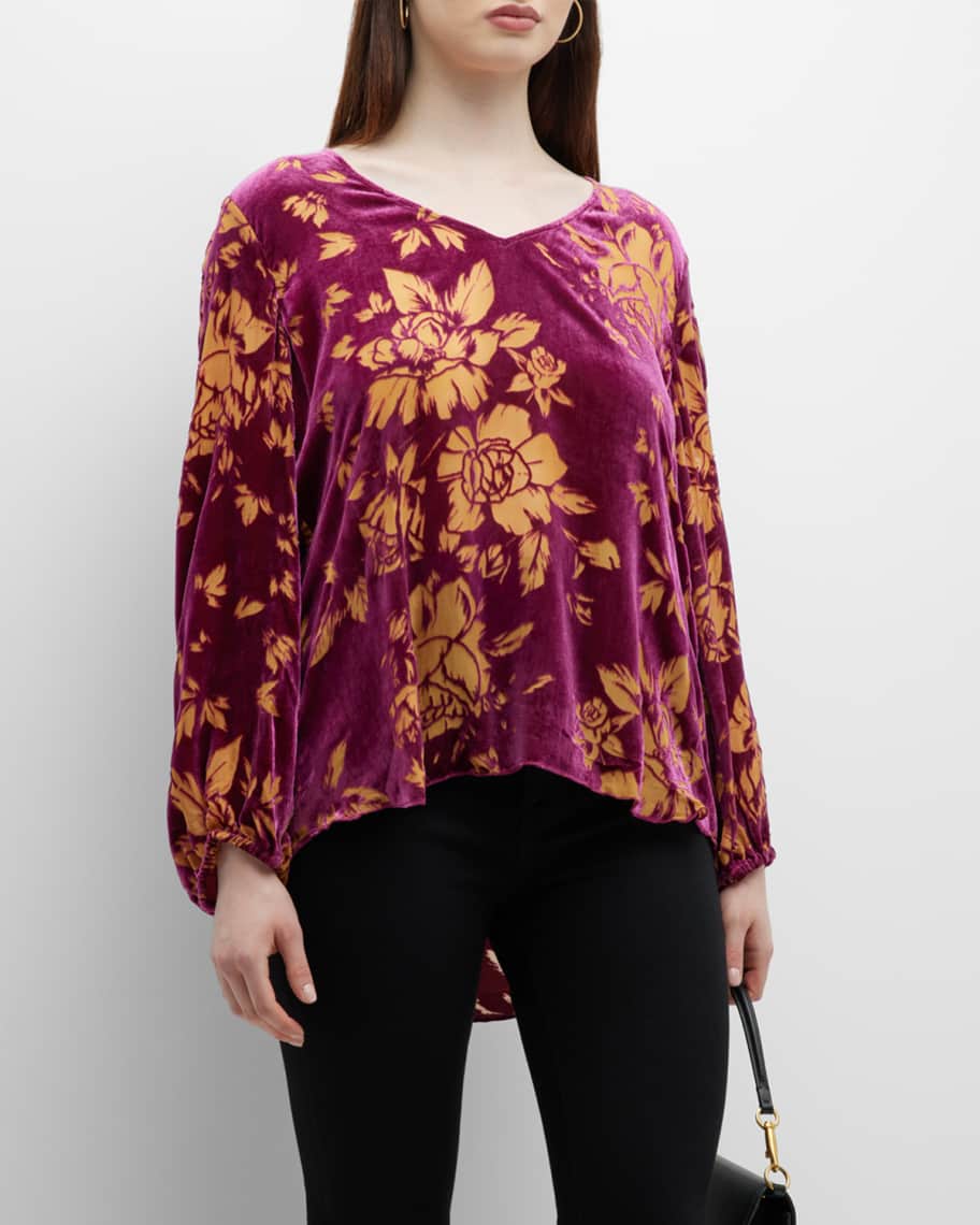 Johnny Was Plus Size Vida Floral-Burnout Velvet Blouse | Neiman Marcus