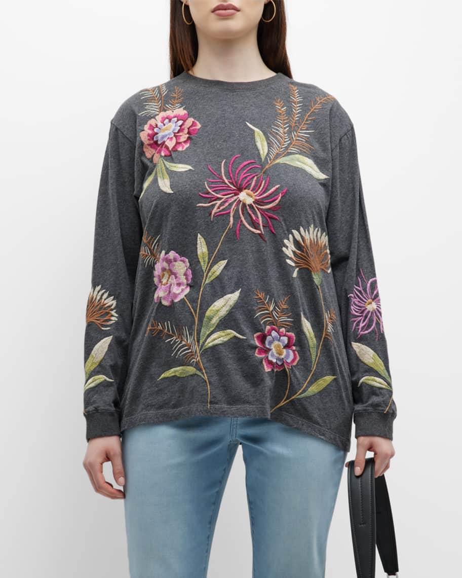 Johnny Was Plus Size Meriah Floral-Embroidered Tee | Neiman Marcus