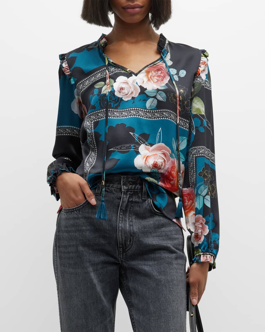 Johnny Was Rosabel Ruffle-Trim Floral-Print Silk Blouse | Neiman Marcus