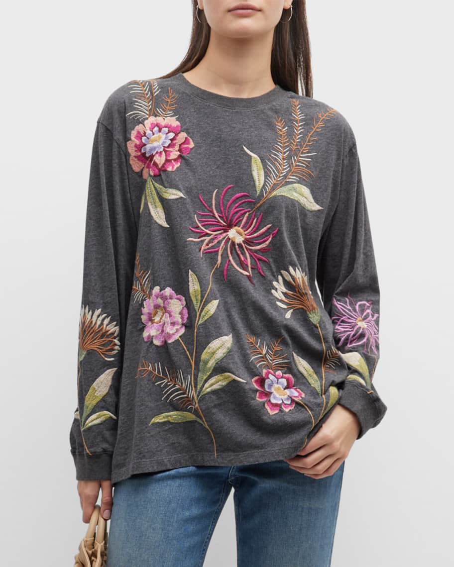 Johnny Was Meriah Floral-Embroidered Cotton Tee | Neiman Marcus