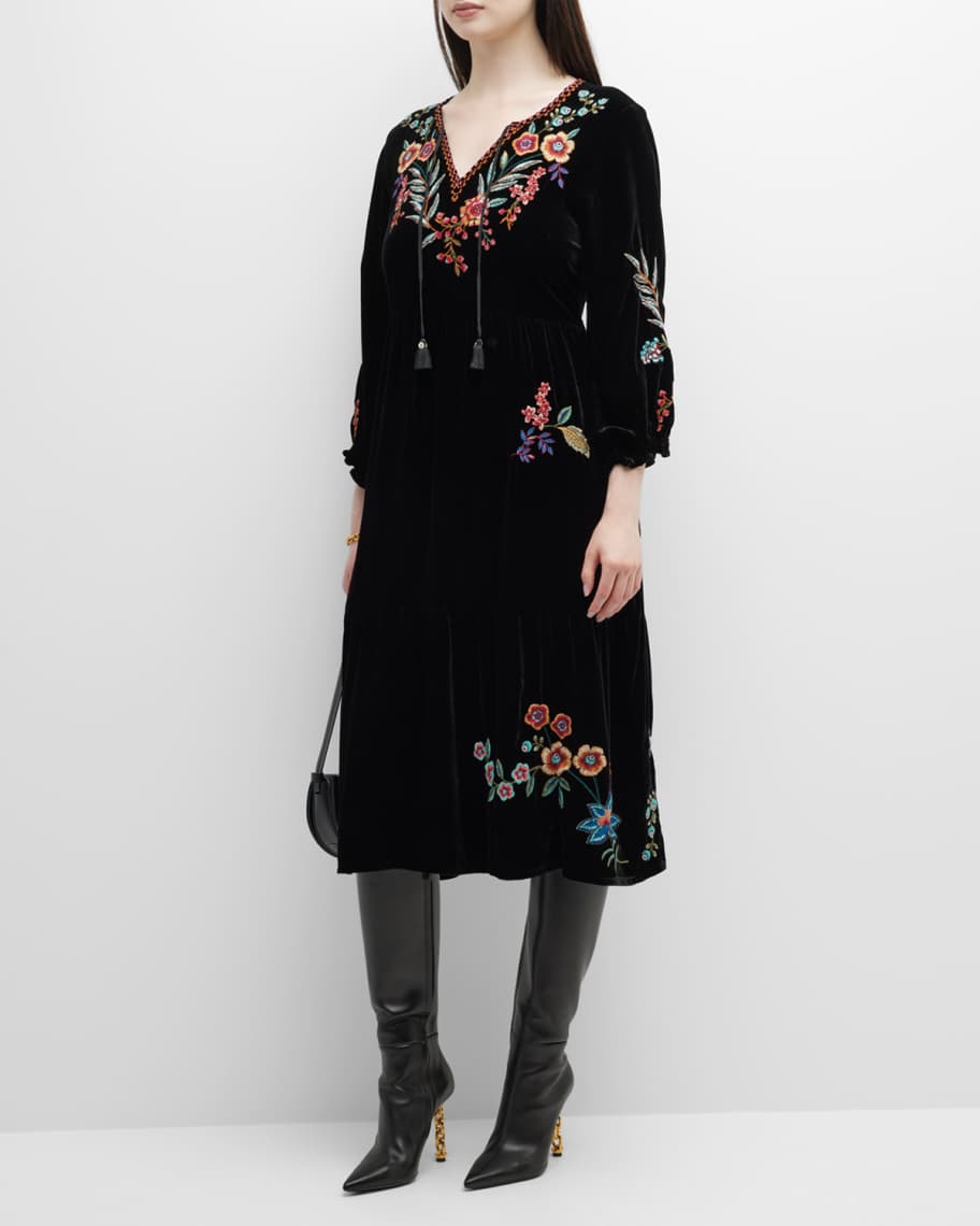 Johnny Was Plus Size Ardelle Embroidered Velvet Midi Dress | Neiman Marcus