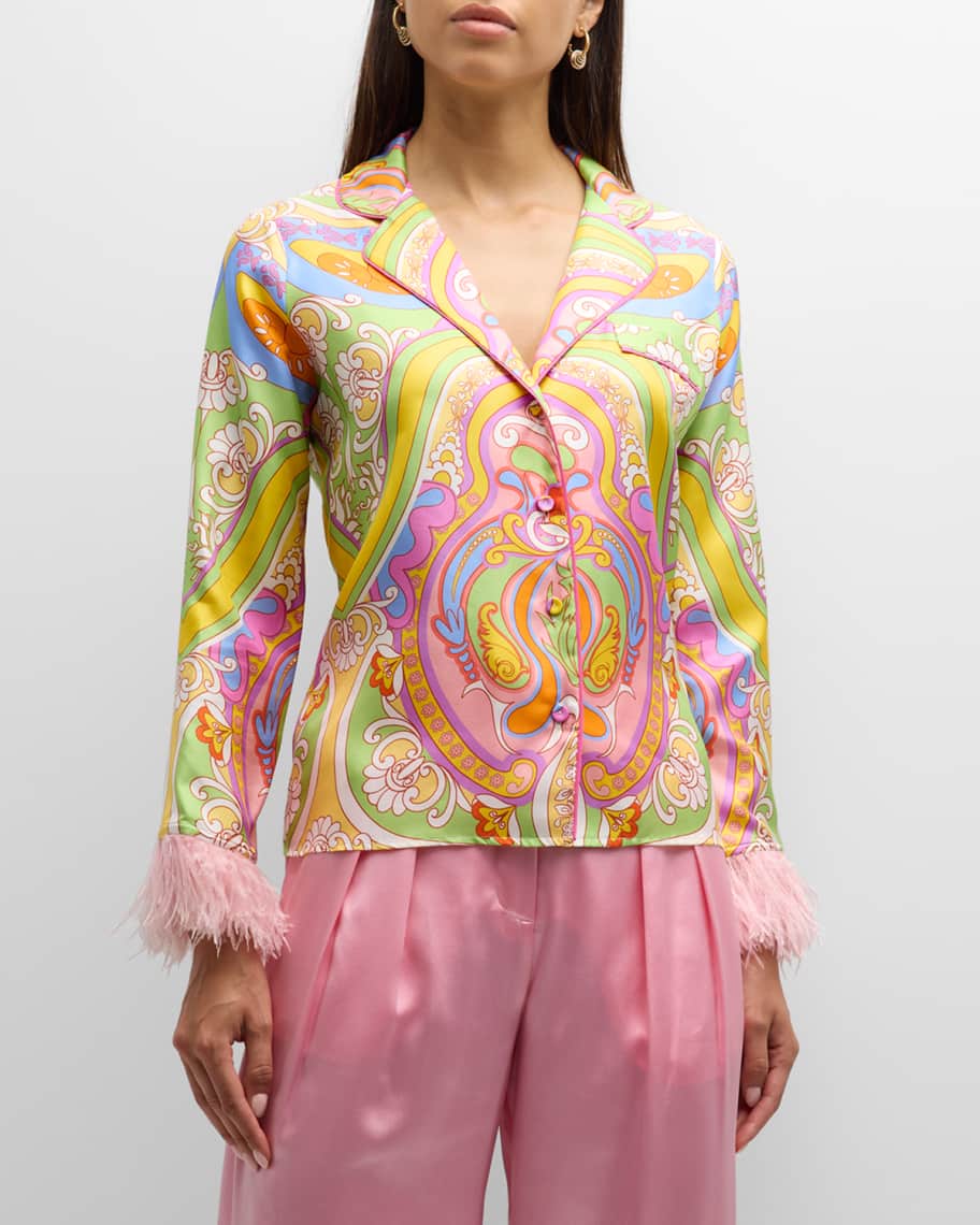 Borgo de Nor Eden Silk Twill Feather Cuff Top | Neiman Marcus