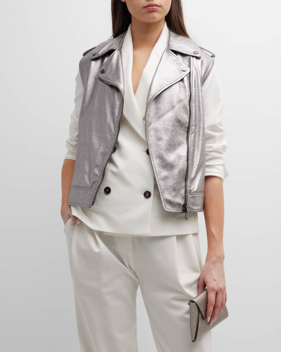 Brunello Cucinelli Buffer Shiny Leather Moto Vest | Neiman Marcus