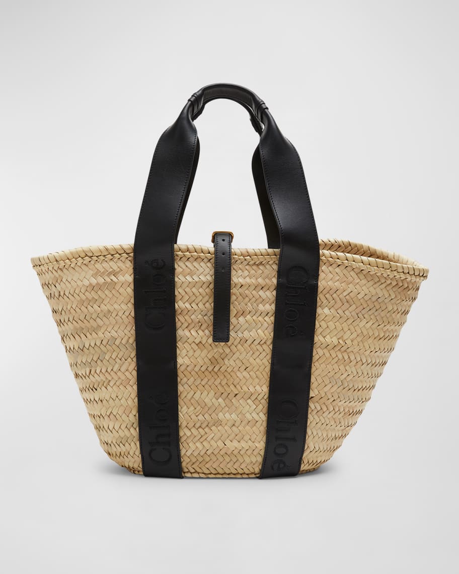 Chloe Sense Medium Raffia & Leather Tote Bag | Neiman Marcus