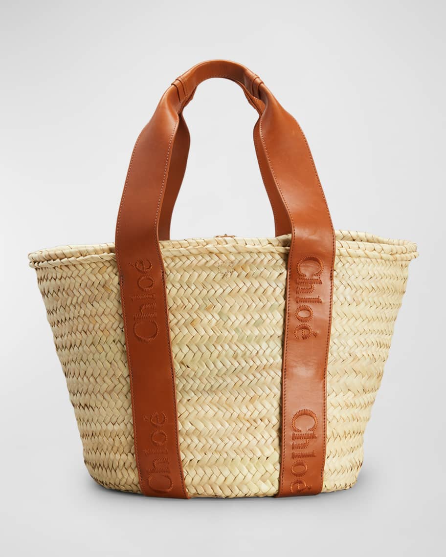 Chloe Sense Basket Bag in Raffia and Leather | Neiman Marcus