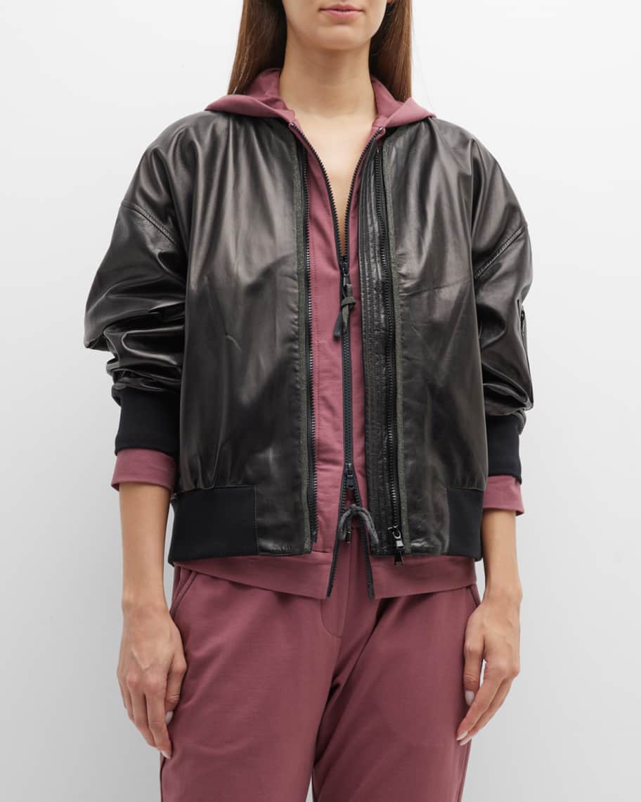 Brunello Cucinelli Monili-Trim Glossy Nappa Leather Bomber Jacket | Neiman Marcus