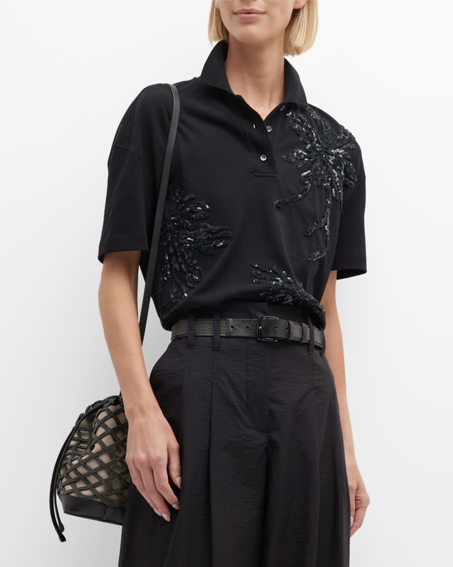 Brunello Cucinelli Paillette Embroidered Marine Flower Cotton Pique ...