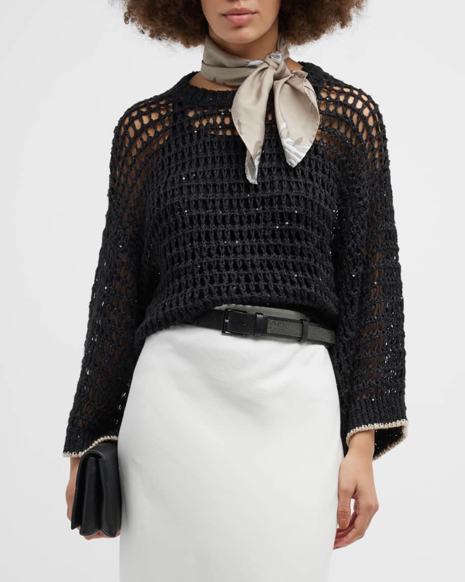 Brunello Cucinelli Linen-Silk Paillette Net-Knit Sweater | Neiman Marcus