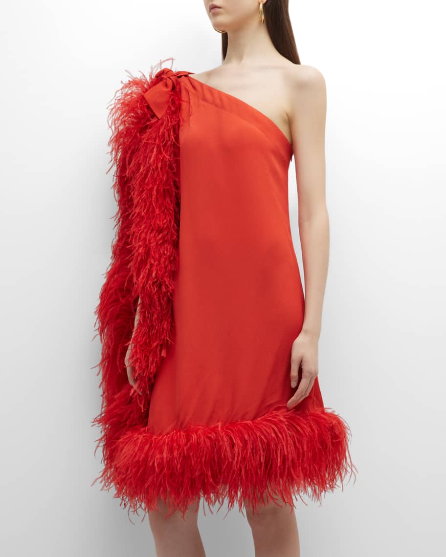 Cult Gaia Myrtle Feather-Trim One-Shoulder Dress | Neiman Marcus