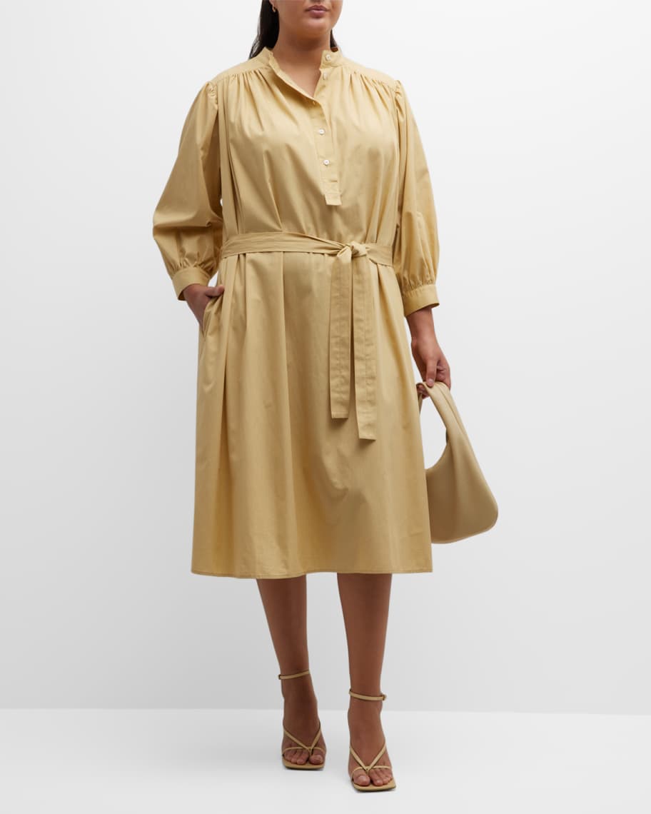 Whitney Morgan Plus Size Ruched Puff-Sleeve Poplin Dress | Neiman Marcus