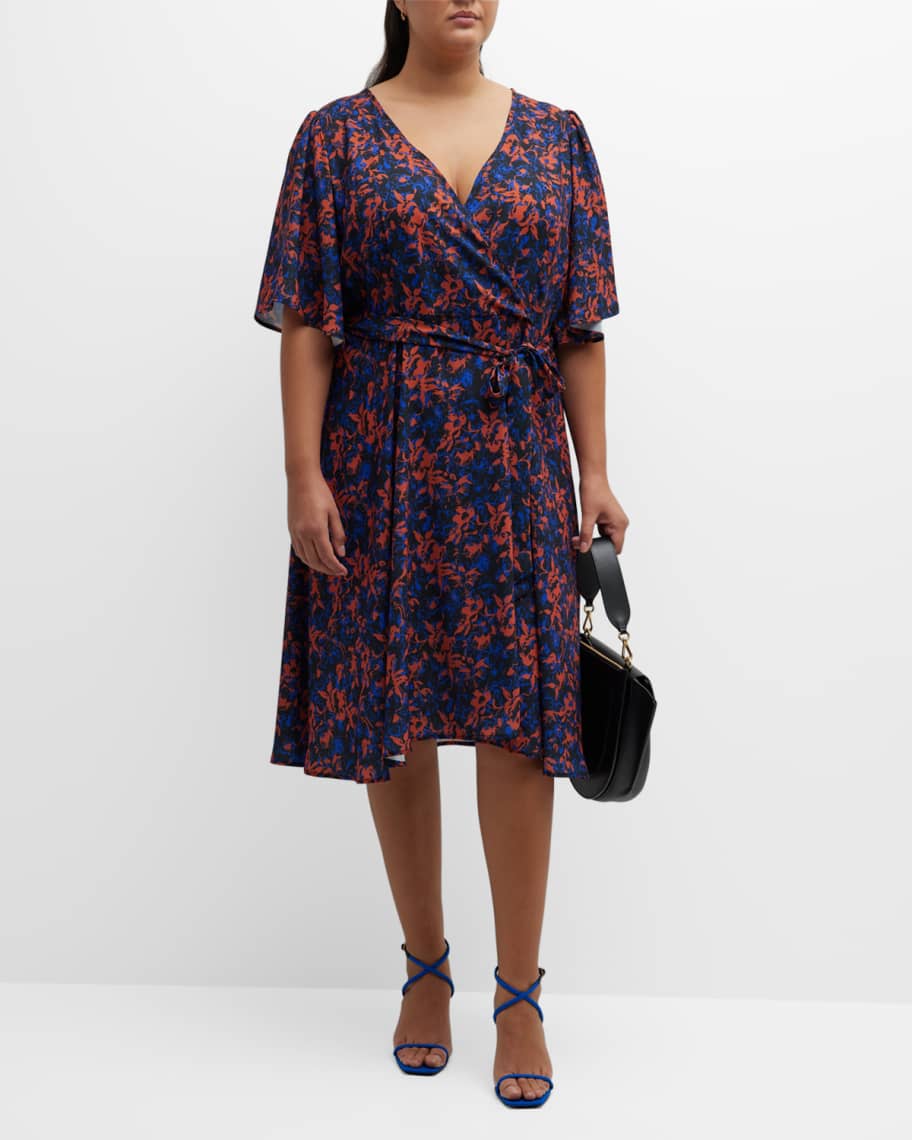 Whitney Morgan Plus Size Flutter-Sleeve Midi Dress | Neiman Marcus
