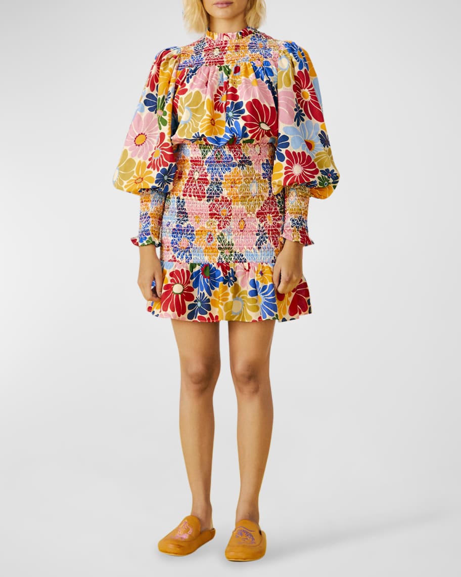 Farm Rio Sunny Daisies Smocked Ruffle-Trim Mini Dress | Neiman Marcus