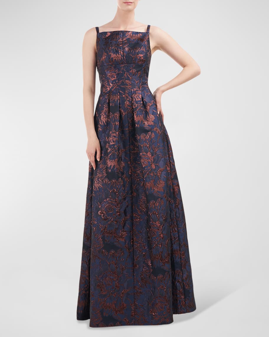 Kay Unger New York Pleated Metallic Floral Jacquard Gown | Neiman Marcus