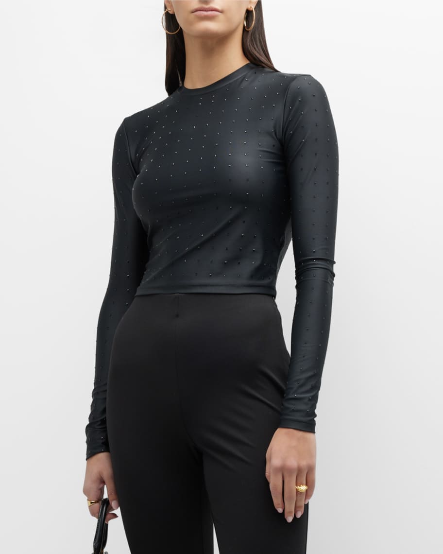 FRAME Cropped Long Sleeve Rhinestone Top | Neiman Marcus