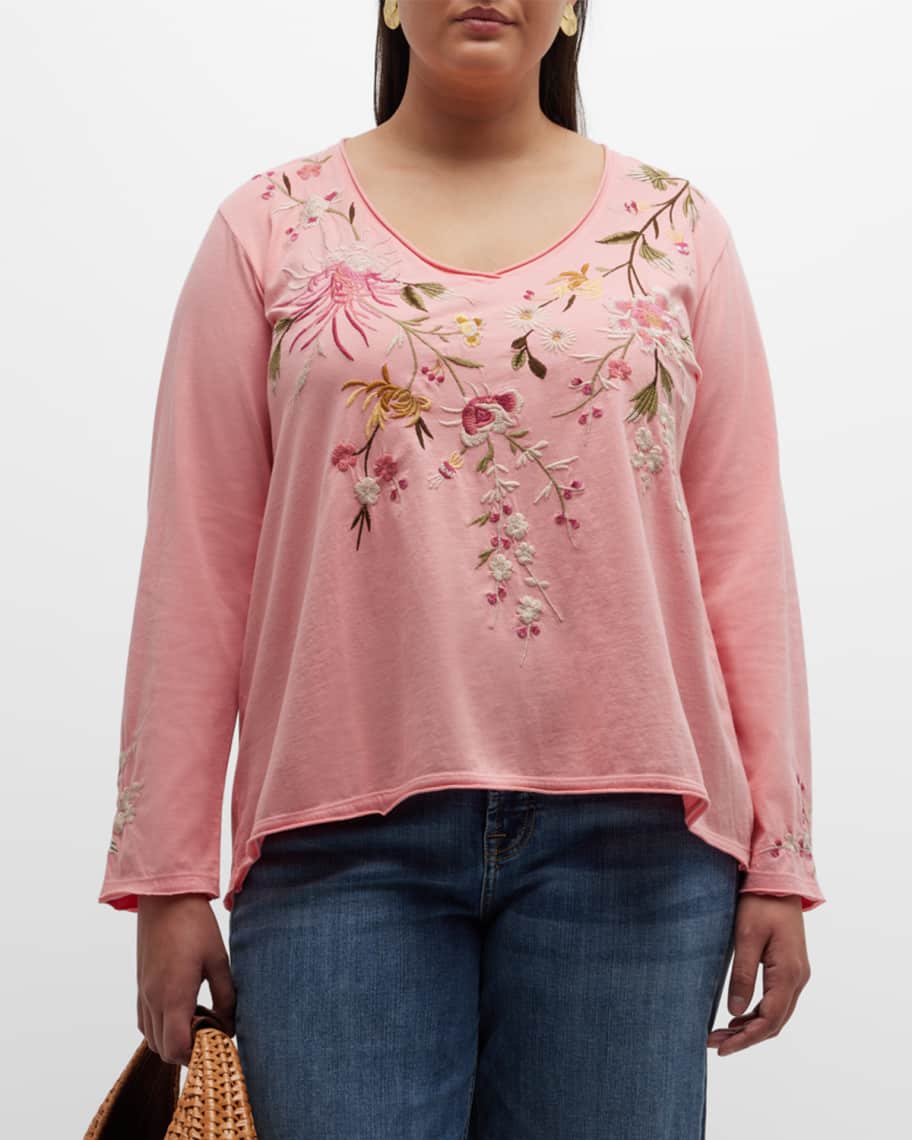 Johnny Was Plus Size Mei Embroidered V-Neck Tee | Neiman Marcus