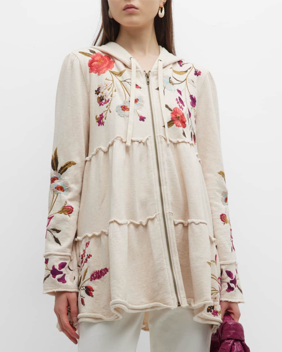 Johnny Was Flore Tiered Embroidered Cotton Hoodie | Neiman Marcus