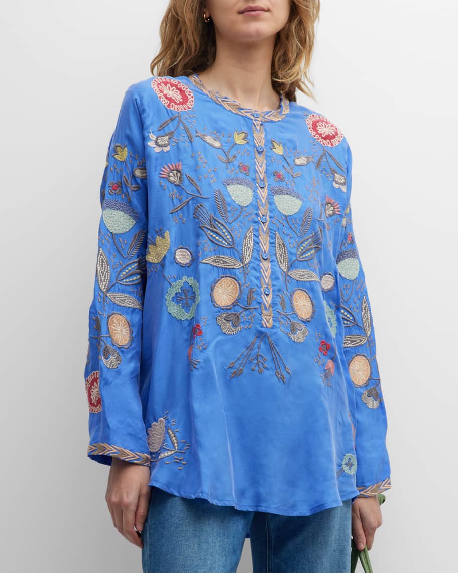 Johnny Was Plus Size Dyani Floral-Embroidered Blouse | Neiman Marcus