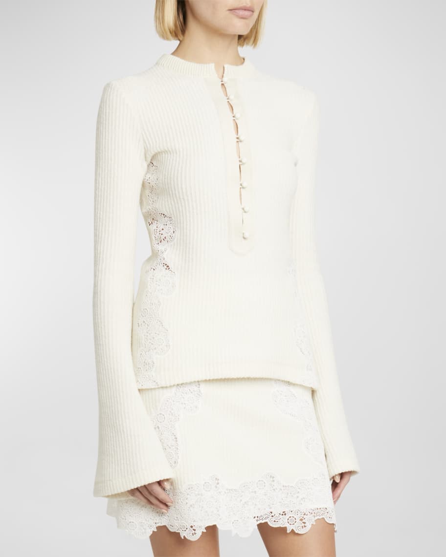 Chloe Lace-Insert Flare-Sleeve Rib Top | Neiman Marcus