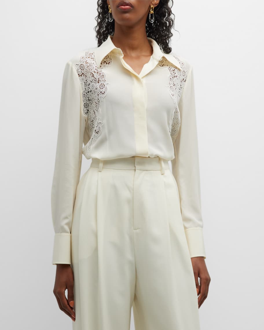 Chloe Lace Insert Silk Collared Blouse | Neiman Marcus
