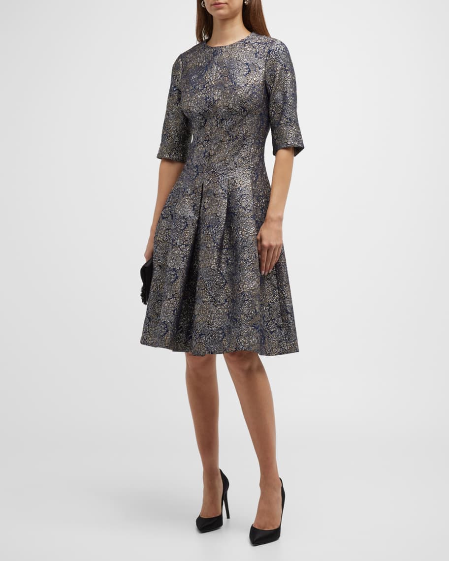 Rickie Freeman for Teri Jon Pleated Floral Jacquard Knee Dress | Neiman ...