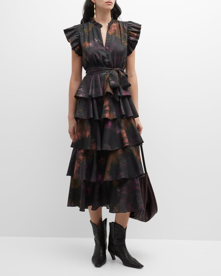 Marie Oliver Emery Abstract-Print Ruffle Tiered Midi Dress | Neiman Marcus