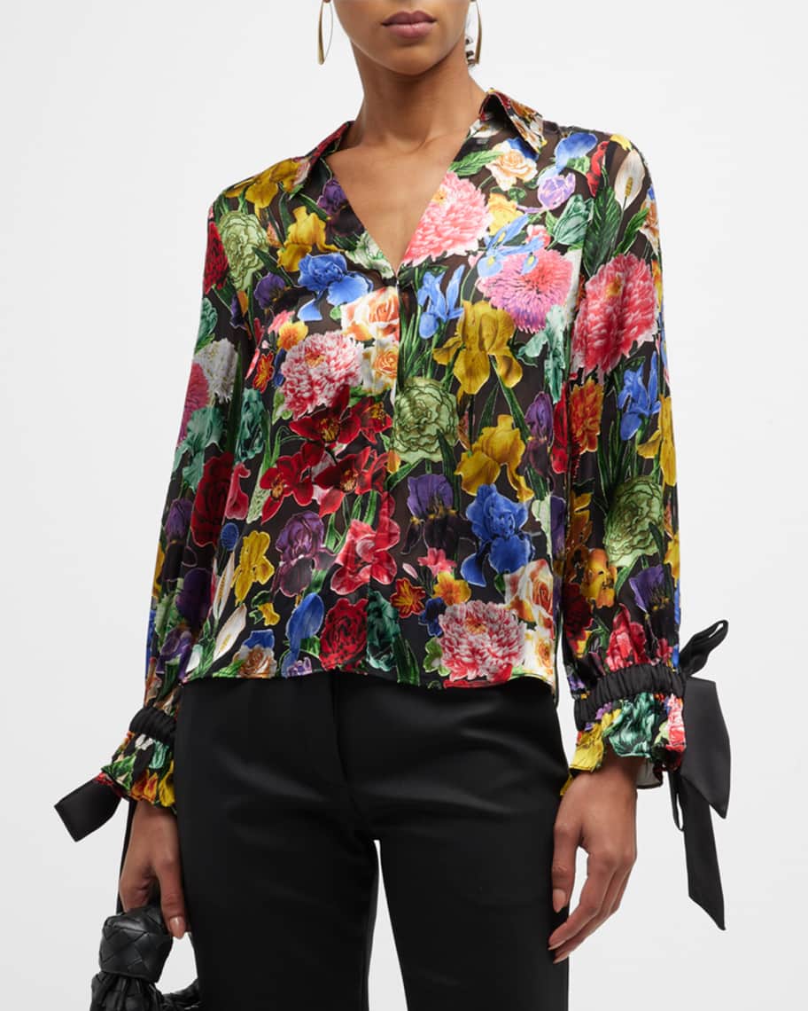Alice + Olivia Randa Tied Blouson-Sleeve Button-Front Blouse | Neiman ...