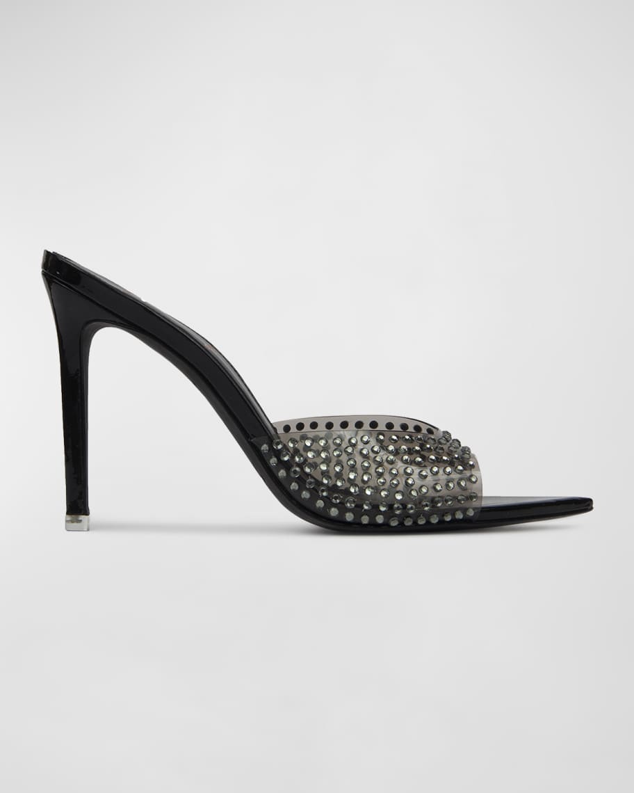 Black Suede Studio Bestie Point-Toe Vinyl Mule Sandals | Neiman Marcus