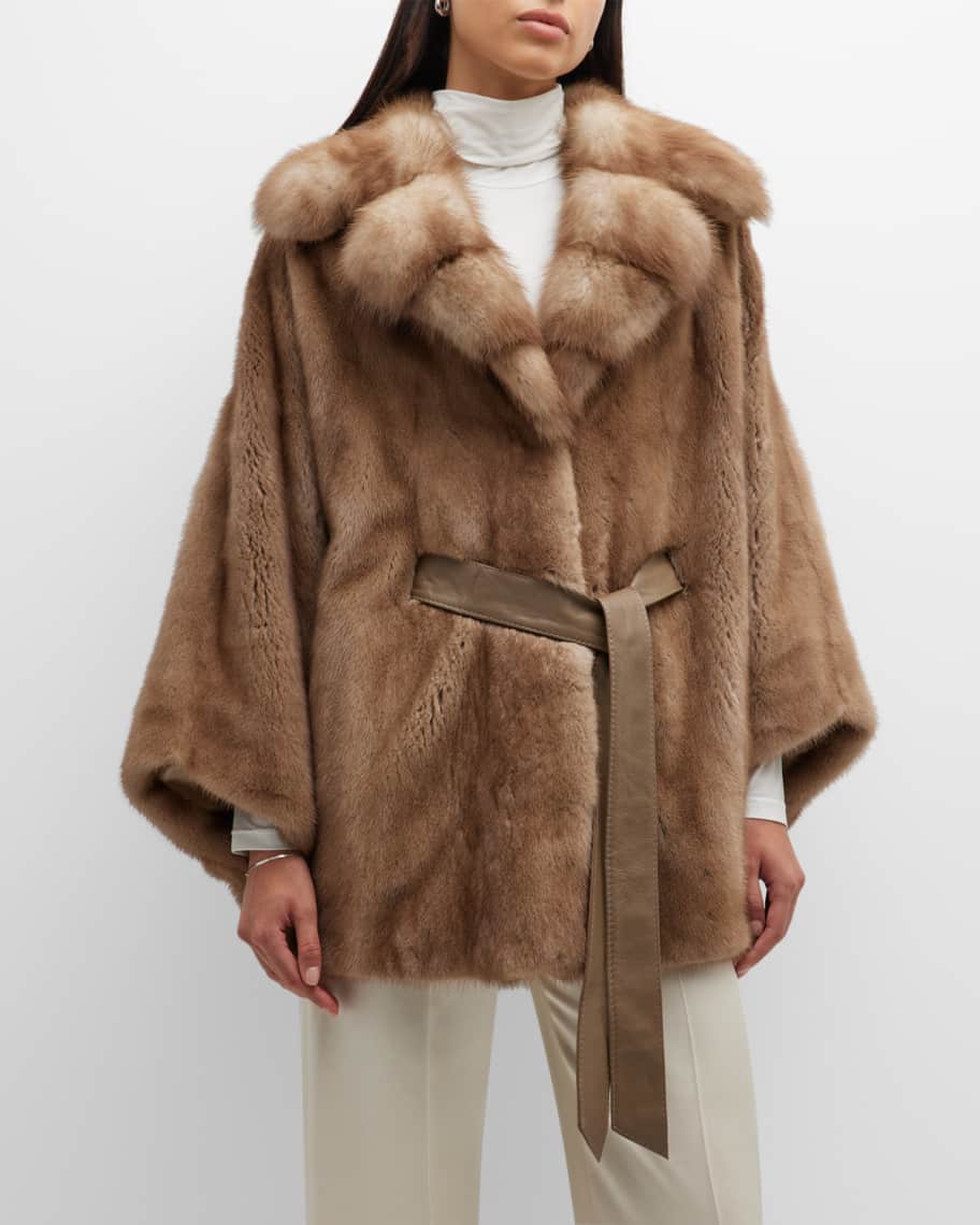 Gorski Belted Mink Fur Jacket With Stone Marten Fur Collar | Neiman Marcus