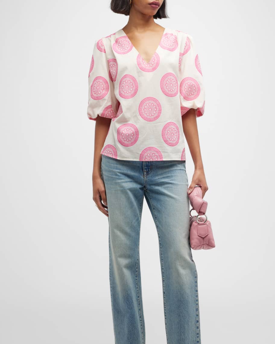 Finley Tish Medallion-Print Puff-Sleeve Top | Neiman Marcus