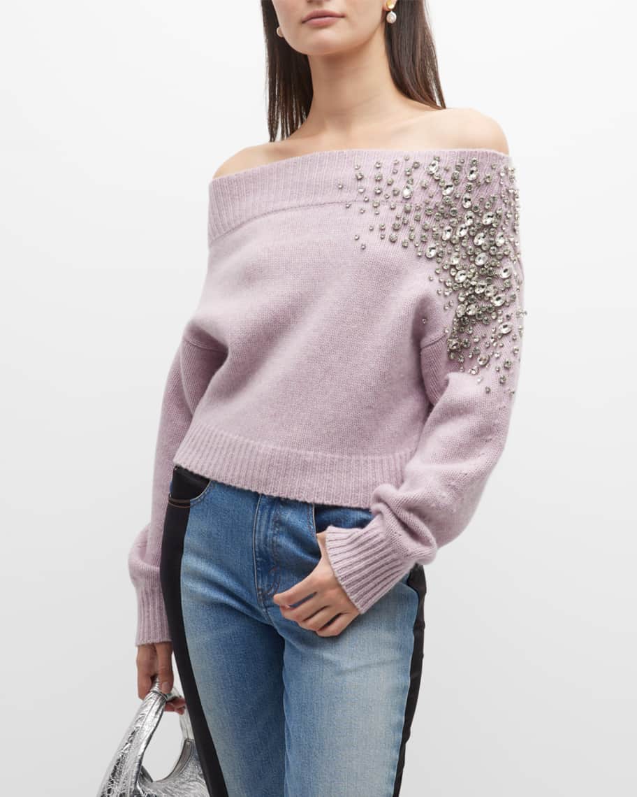 Hellessy Bruno Crystal Off-The-Shoulder Cashmere Sweater | Neiman Marcus