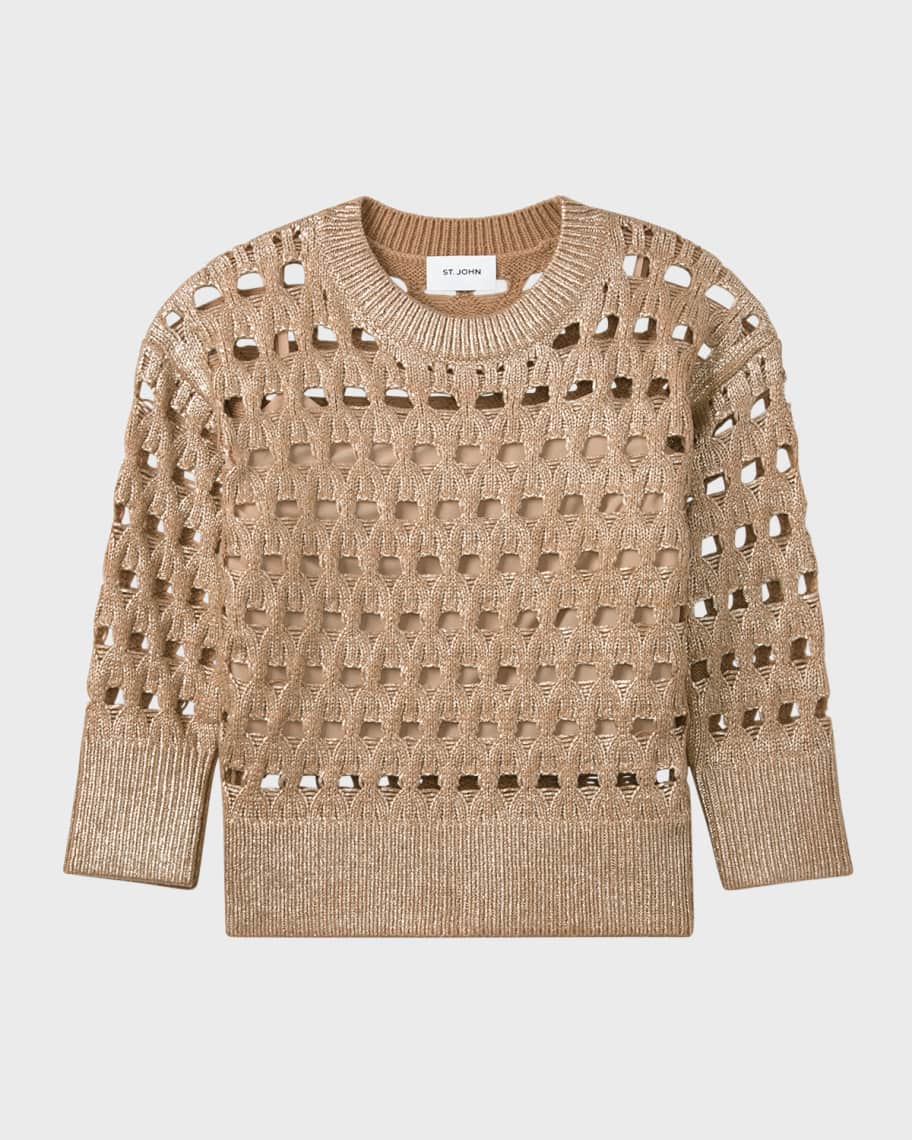 St. John Foiled Open Cable Knit 3/4 Sleeve Sweater W/ Cami | Neiman Marcus