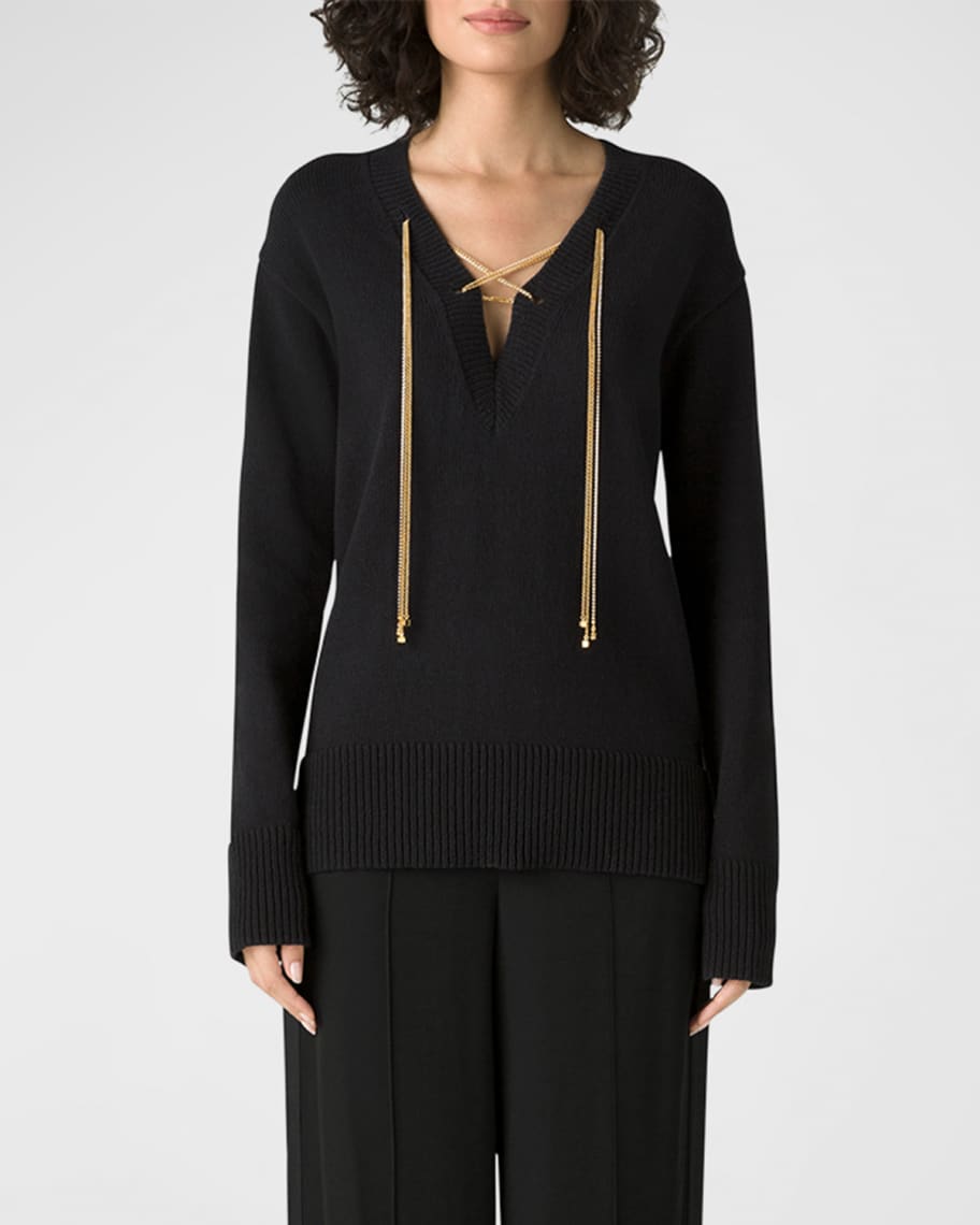 St. John Chain Lace-Up Heavy Gauge Jersey Knit V-Neck Sweater | Neiman ...