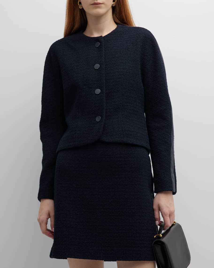St. John Vegan Leather-Trim Textured Tweed Short Jacket | Neiman Marcus