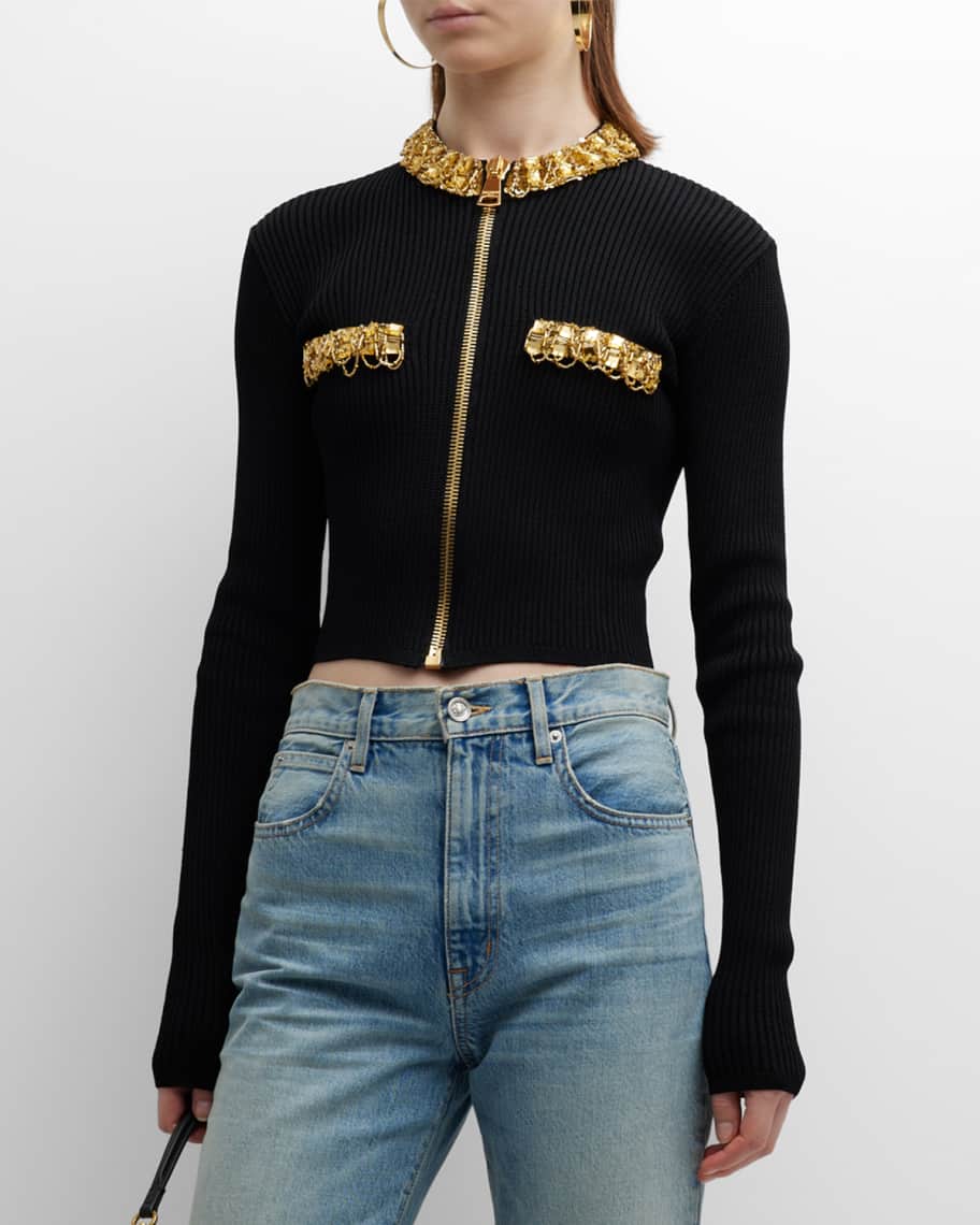 Balmain Embroidered Rib-Knit Zip-Front Crop Cardigan | Neiman Marcus